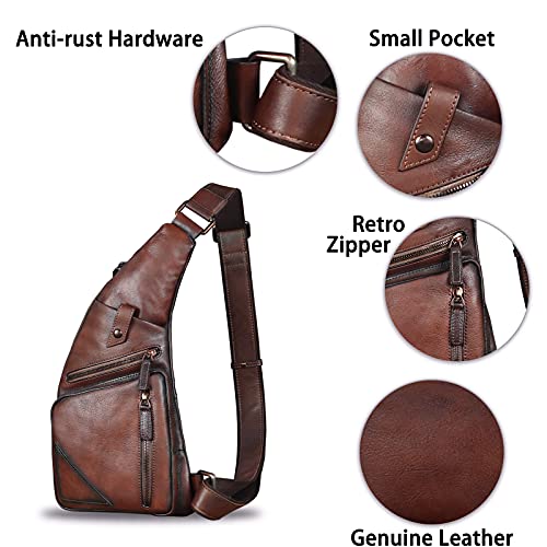 Genuine Leather Sling Bag for Men Vintage Handmade Crossbody Daypack Hiking Backpack Retro Crossbody Shoulder Bag (LightCoffee)