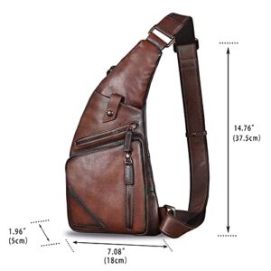 Genuine Leather Sling Bag for Men Vintage Handmade Crossbody Daypack Hiking Backpack Retro Crossbody Shoulder Bag (LightCoffee)