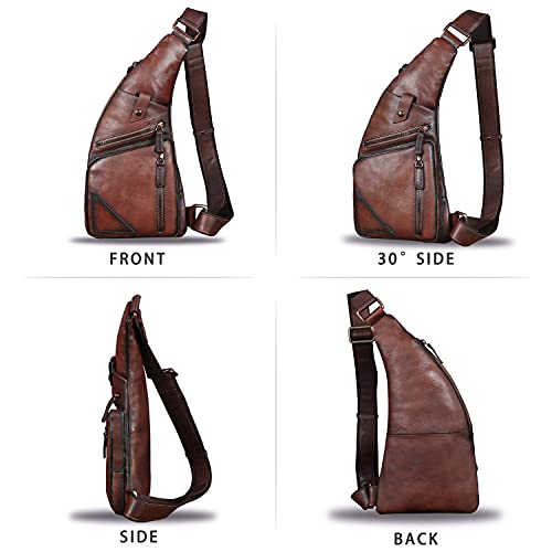 Genuine Leather Sling Bag for Men Vintage Handmade Crossbody Daypack Hiking Backpack Retro Crossbody Shoulder Bag (LightCoffee)