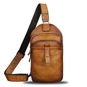 Genuine Leather Sling Bags Hiking Sling Backpacks Fanny Pack Vintage Handmade Crossbody Chest Daypack Anti-theft Shoulder Bag (Brown) Medium