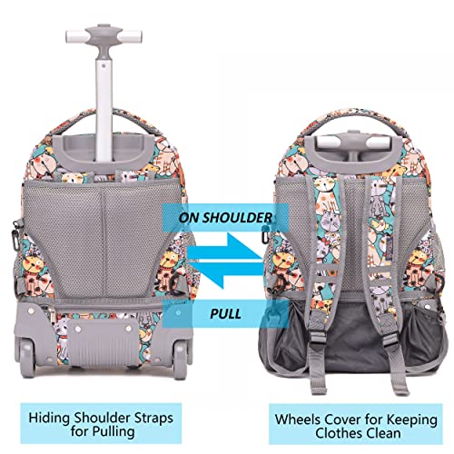 NEW TILAMI 16 Inches Rolling Backpack, Boys&Girls Wheeled Backpack School Travel Student Bag Kids Rolling Backpack, Cat