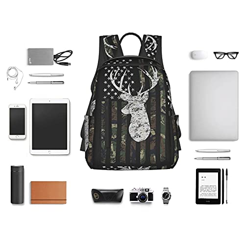 NiYoung Deer Camo Camouflage American Flag Hunting Casual Backpck Big Capacity Anti-Theft Multipurpose Bookbag Backpack Multipurpose Rucksacks for Teenage