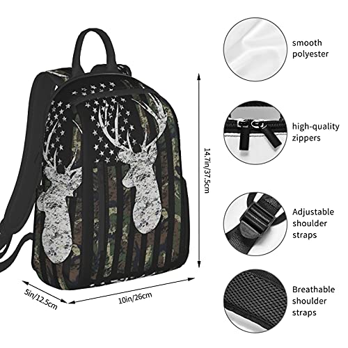 NiYoung Deer Camo Camouflage American Flag Hunting Casual Backpck Big Capacity Anti-Theft Multipurpose Bookbag Backpack Multipurpose Rucksacks for Teenage