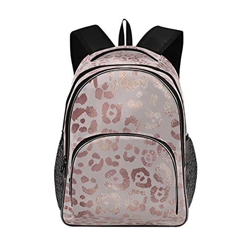 Backpack School Bookbag Leopard Print Cheetah Rose Gold Schoolbag with Water Bottle Pocket Medium