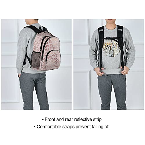 Backpack School Bookbag Leopard Print Cheetah Rose Gold Schoolbag with Water Bottle Pocket Medium