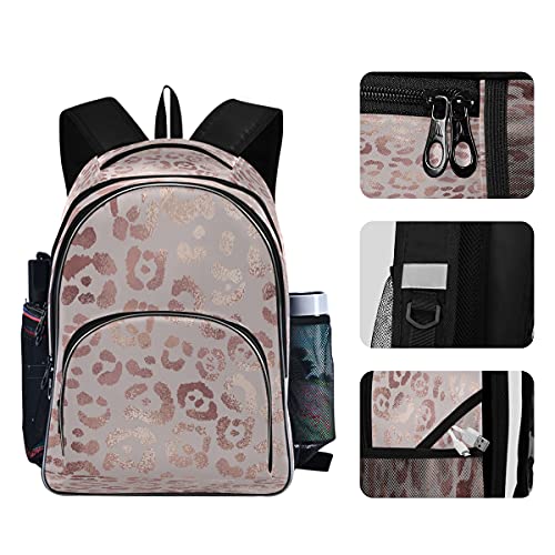 Backpack School Bookbag Leopard Print Cheetah Rose Gold Schoolbag with Water Bottle Pocket Medium