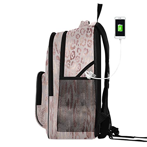 Backpack School Bookbag Leopard Print Cheetah Rose Gold Schoolbag with Water Bottle Pocket Medium