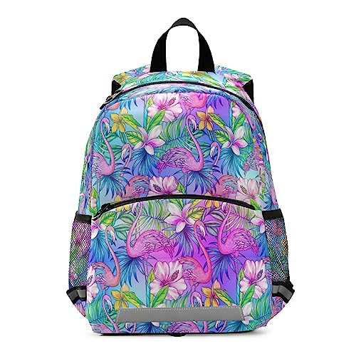 MNSRUU Kids Backpack Girls, Pink Flamingo Tropical Bird Flower Toddler Hiking Backpack, Children Backpacks for School, Preschool Nursery Travel Bag, Chest Strap