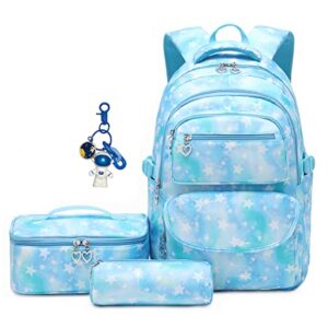 MITOWERMI Star-print Backpack for Girls Elementary School Bookbags Middle-School Backpacks with Lunch Box Pencil Case Many Compartments Blue