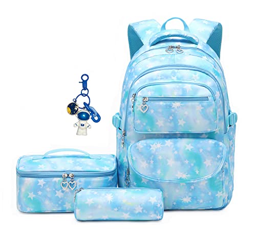 MITOWERMI Star-print Backpack for Girls Elementary School Bookbags Middle-School Backpacks with Lunch Box Pencil Case Many Compartments Blue