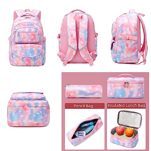 MITOWERMI Star-print Backpack for Girls Elementary School Bookbags Middle-School Backpacks with Lunch Box Pencil Case Many Compartments Blue