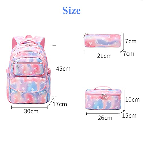 MITOWERMI Star-print Backpack for Girls Elementary School Bookbags Middle-School Backpacks with Lunch Box Pencil Case Many Compartments Blue