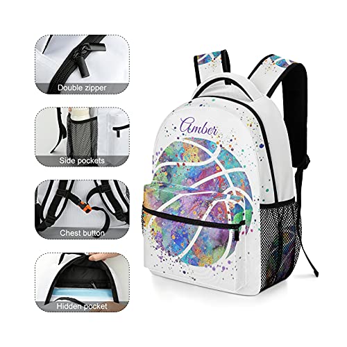 XIUCOO Basketball Watercolor Art Backpack Personalized Name Waterproof for Boys Girls Gift