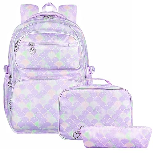 THE Crafts Girls Backpack Bookbag Set with Lunch Bag Pencil Case 3 in all for Elementary Primary Middle School Teenage(Purple Mermaid