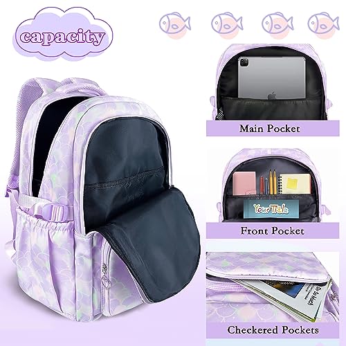 THE Crafts Girls Backpack Bookbag Set with Lunch Bag Pencil Case 3 in all for Elementary Primary Middle School Teenage(Purple Mermaid