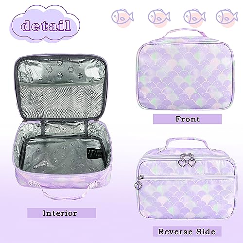 THE Crafts Girls Backpack Bookbag Set with Lunch Bag Pencil Case 3 in all for Elementary Primary Middle School Teenage(Purple Mermaid