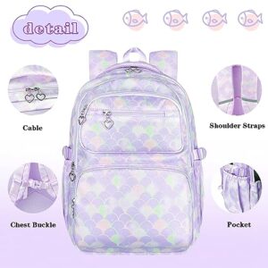 THE Crafts Girls Backpack Bookbag Set with Lunch Bag Pencil Case 3 in all for Elementary Primary Middle School Teenage(Purple Mermaid