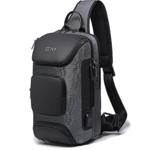 smont sling bag for men, anti theft waterproof chest shoulder bag with usb charging port grey