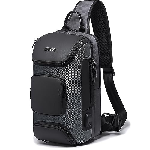 SMONT Sling Bag for Men, Anti Theft Waterproof Chest Shoulder Bag with USB Charging Port Grey