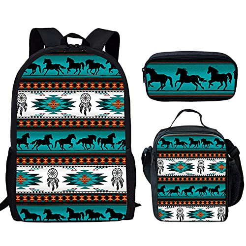 GLENLCWE Tribal Native Horse Green Aztec Print Backpack Kids School Backpack with Lunch Bag and Pencils Box Lightweight