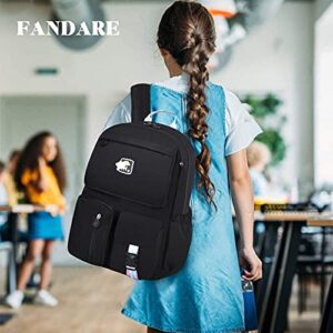 FANDARE School Bags Children's Backpacks Girls Boys Primary School Daypacks Student Lightweight Colourful Bookbag for 3-6 Grade Daughter Son Campus Travel Hiking Backpack Waterproof Nylon Black