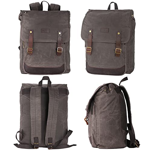 Waterproof Waxed Canvas Backpack for Men Travel Rucksack Leather Trimming (Dark gray)