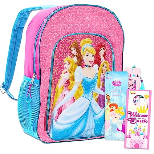 Disney Princess Backpack Set For Girls - 4 Pack Bundle With Deluxe 15" Princess School Bag, Princess Stickers, Aristocats Bookmark, Castle Door Hanger, and More | Princess School Supplies For Kids