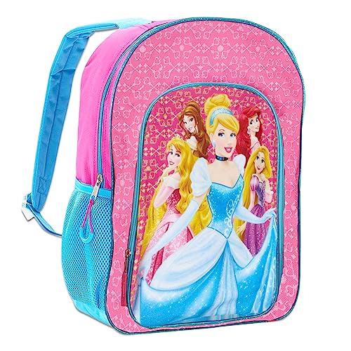 Disney Princess Backpack Set For Girls - 4 Pack Bundle With Deluxe 15" Princess School Bag, Princess Stickers, Aristocats Bookmark, Castle Door Hanger, and More | Princess School Supplies For Kids