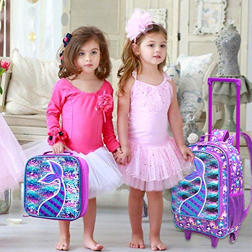 AGSDON 3PCS Rolling Backpack for Girls, Kids Roller Wheels Bookbag, Wheeled School Bag with Lunch Bag - Mermaid