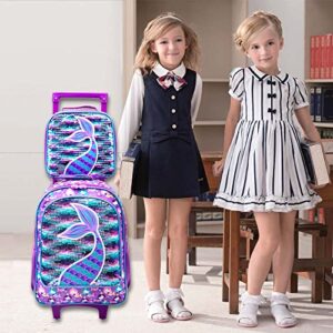 AGSDON 3PCS Rolling Backpack for Girls, Kids Roller Wheels Bookbag, Wheeled School Bag with Lunch Bag - Mermaid