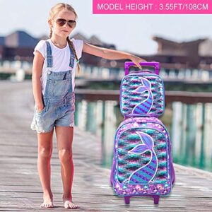 AGSDON 3PCS Rolling Backpack for Girls, Kids Roller Wheels Bookbag, Wheeled School Bag with Lunch Bag - Mermaid