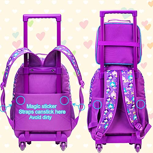 AGSDON 3PCS Rolling Backpack for Girls, Kids Roller Wheels Bookbag, Wheeled School Bag with Lunch Bag - Mermaid