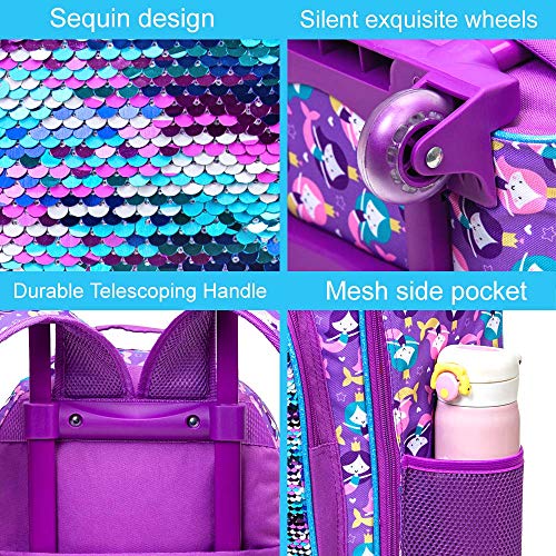 AGSDON 3PCS Rolling Backpack for Girls, Kids Roller Wheels Bookbag, Wheeled School Bag with Lunch Bag - Mermaid