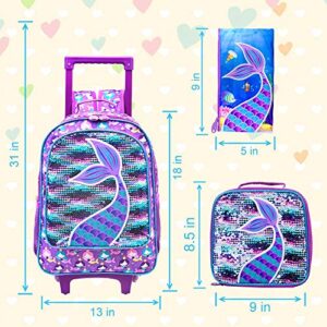 AGSDON 3PCS Rolling Backpack for Girls, Kids Roller Wheels Bookbag, Wheeled School Bag with Lunch Bag - Mermaid