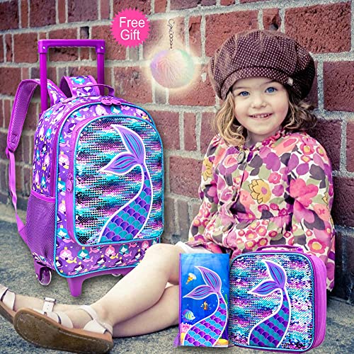 AGSDON 3PCS Rolling Backpack for Girls, Kids Roller Wheels Bookbag, Wheeled School Bag with Lunch Bag - Mermaid