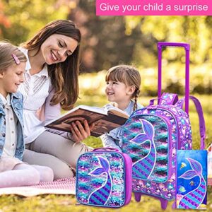 AGSDON 3PCS Rolling Backpack for Girls, Kids Roller Wheels Bookbag, Wheeled School Bag with Lunch Bag - Mermaid