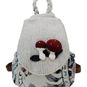 HUANGGUOSHU Women Cotton Woven Hippie Hemp Boho Canvas Embroidery Multi Pocket Retro Cute Backpack Wallet Backpack（Mushroom）