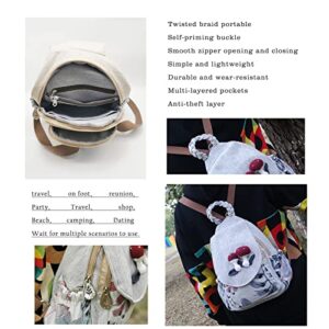 HUANGGUOSHU Women Cotton Woven Hippie Hemp Boho Canvas Embroidery Multi Pocket Retro Cute Backpack Wallet Backpack（Mushroom）