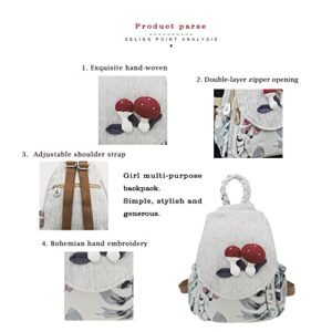 HUANGGUOSHU Women Cotton Woven Hippie Hemp Boho Canvas Embroidery Multi Pocket Retro Cute Backpack Wallet Backpack（Mushroom）