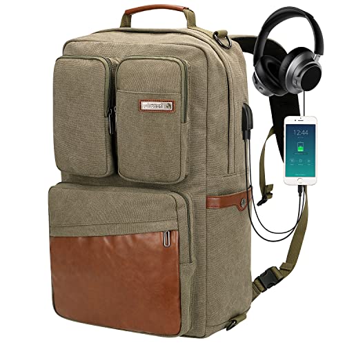 WITZMAN Canvas Backpack with USB Charging Port Large Travel Backpack Luggage Duffel Bag for Airplane Carry On Fit 17 inch Laptop for Men Women (6617 Green)