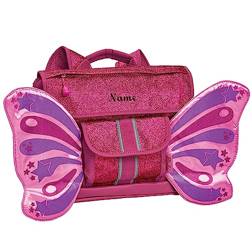 Bixbee Personalized Toddler Backpack, Ruby Raspberry Sparkly Butterfly Bookbag for Kids & Toddlers Ages 3-5 | Custom Backpack with Name for Boys & Girls | Water Resistant Monogrammed School Bag