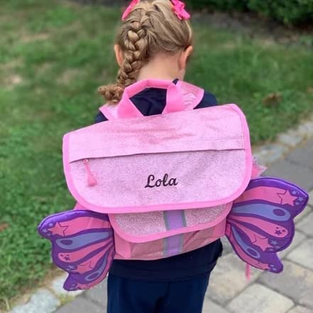 Bixbee Personalized Toddler Backpack, Ruby Raspberry Sparkly Butterfly Bookbag for Kids & Toddlers Ages 3-5 | Custom Backpack with Name for Boys & Girls | Water Resistant Monogrammed School Bag