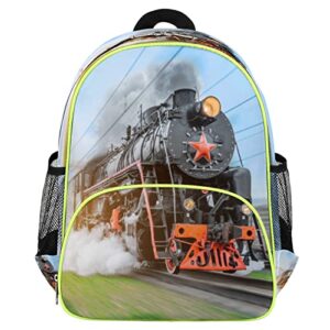 steam train kids backpack for boys girls, vintage locomotive toddler backpack school bag water resistant bookbag travel children bag, nursery junior primary student preschool backpack with chest strap