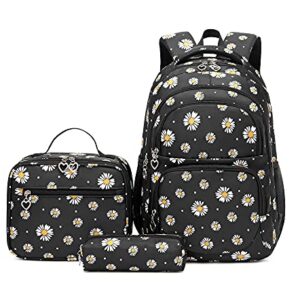 ZHANAO Daisy-Print School Backpack Set with Lunch Kits Bookbag for Teenager Girls 3pcs Gradient SchoolBag for Primary Student