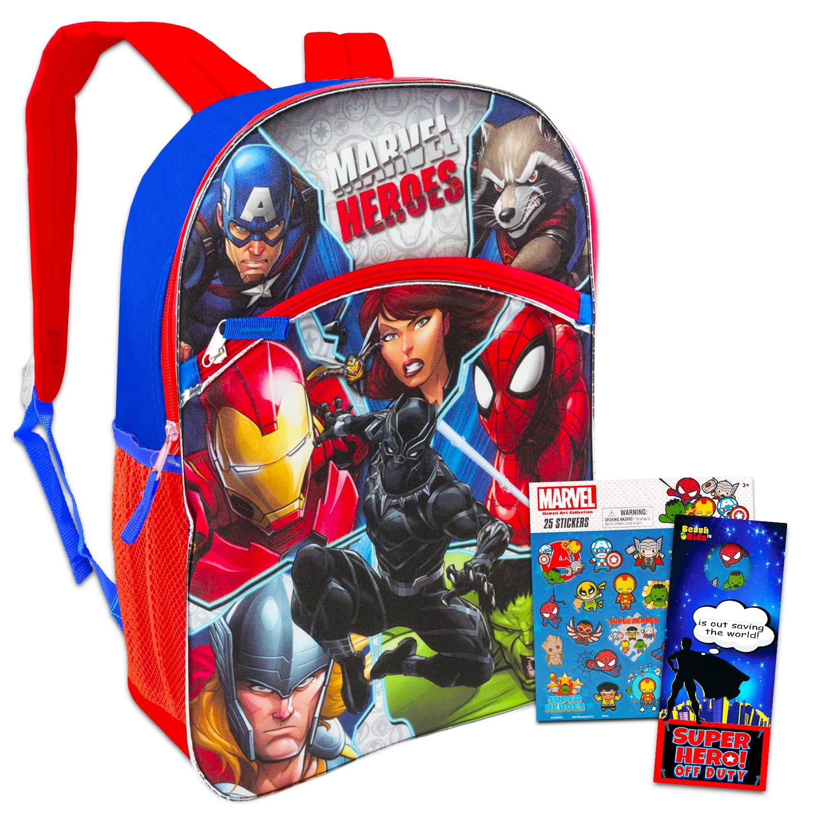 Marvel Avengers Backpack for Kids - Bundle with 16 Inch Avengers Backpack Featuring Iron Man, Captain America, Spiderman and More Plus Spiderman Stickers (Superhero Backpacks)