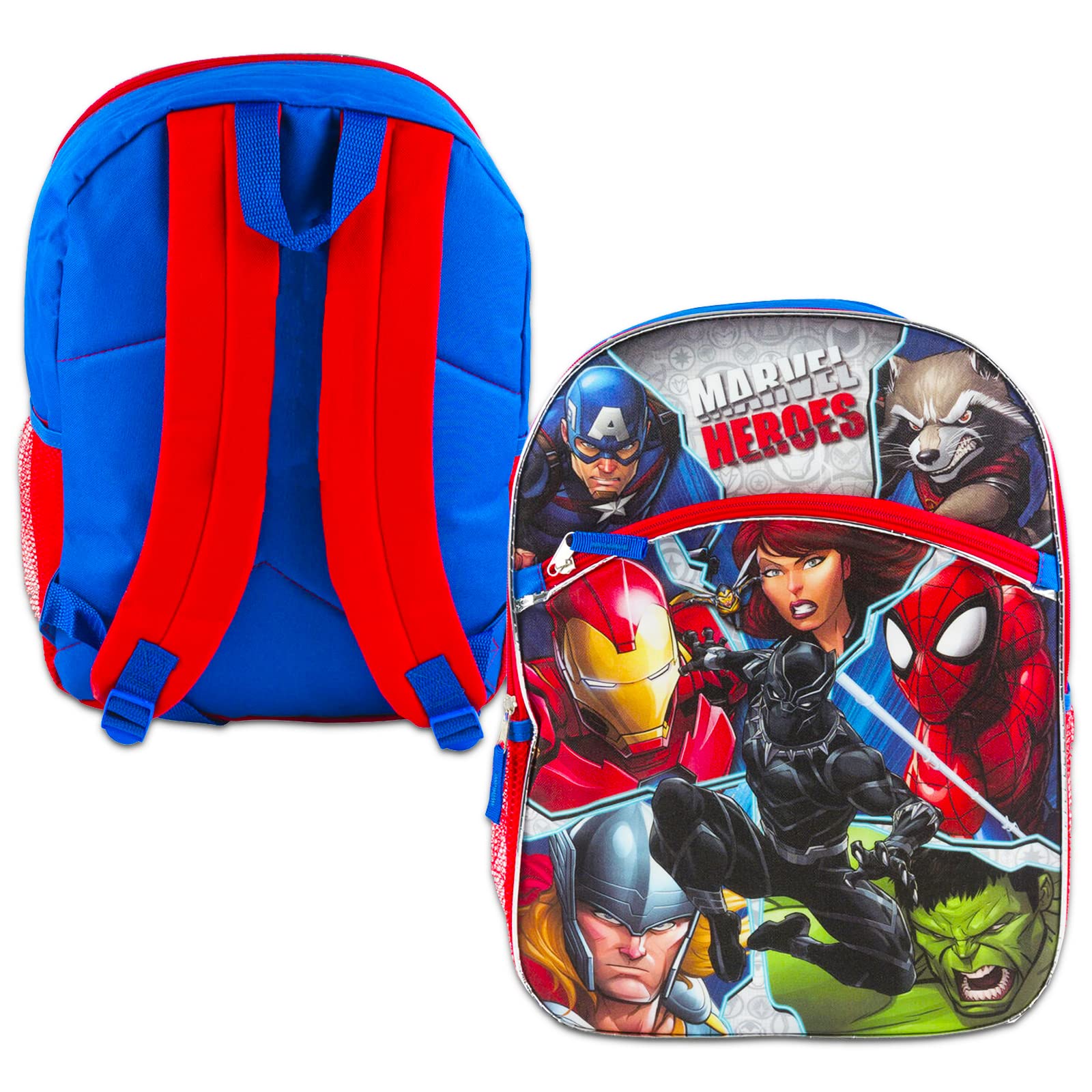 Marvel Avengers Backpack for Kids - Bundle with 16 Inch Avengers Backpack Featuring Iron Man, Captain America, Spiderman and More Plus Spiderman Stickers (Superhero Backpacks)