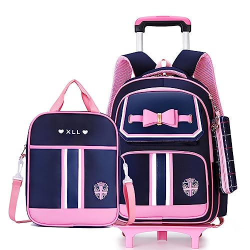 ZHANAO Rolling Trolley Bag Wheeled Backpack Bowknot for Girls Primary Schoolbag 3Pcs with Crossbody Bag Pencil Case