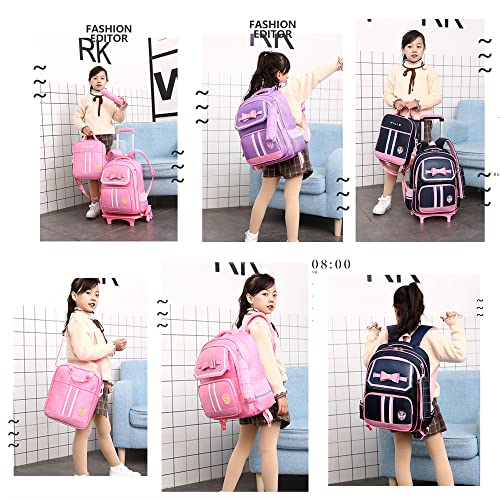 ZHANAO Rolling Trolley Bag Wheeled Backpack Bowknot for Girls Primary Schoolbag 3Pcs with Crossbody Bag Pencil Case