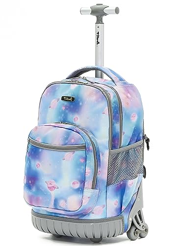 NEW TILAMI Roller Backpacks for Girls, Adjustable Laptop Rolling Backpack with Wheels for Girls to School Travel Camping Boys Rolling Backpack Purple Star 18 Inches