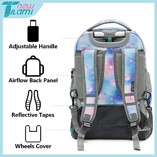 NEW TILAMI Roller Backpacks for Girls, Adjustable Laptop Rolling Backpack with Wheels for Girls to School Travel Camping Boys Rolling Backpack Purple Star 18 Inches